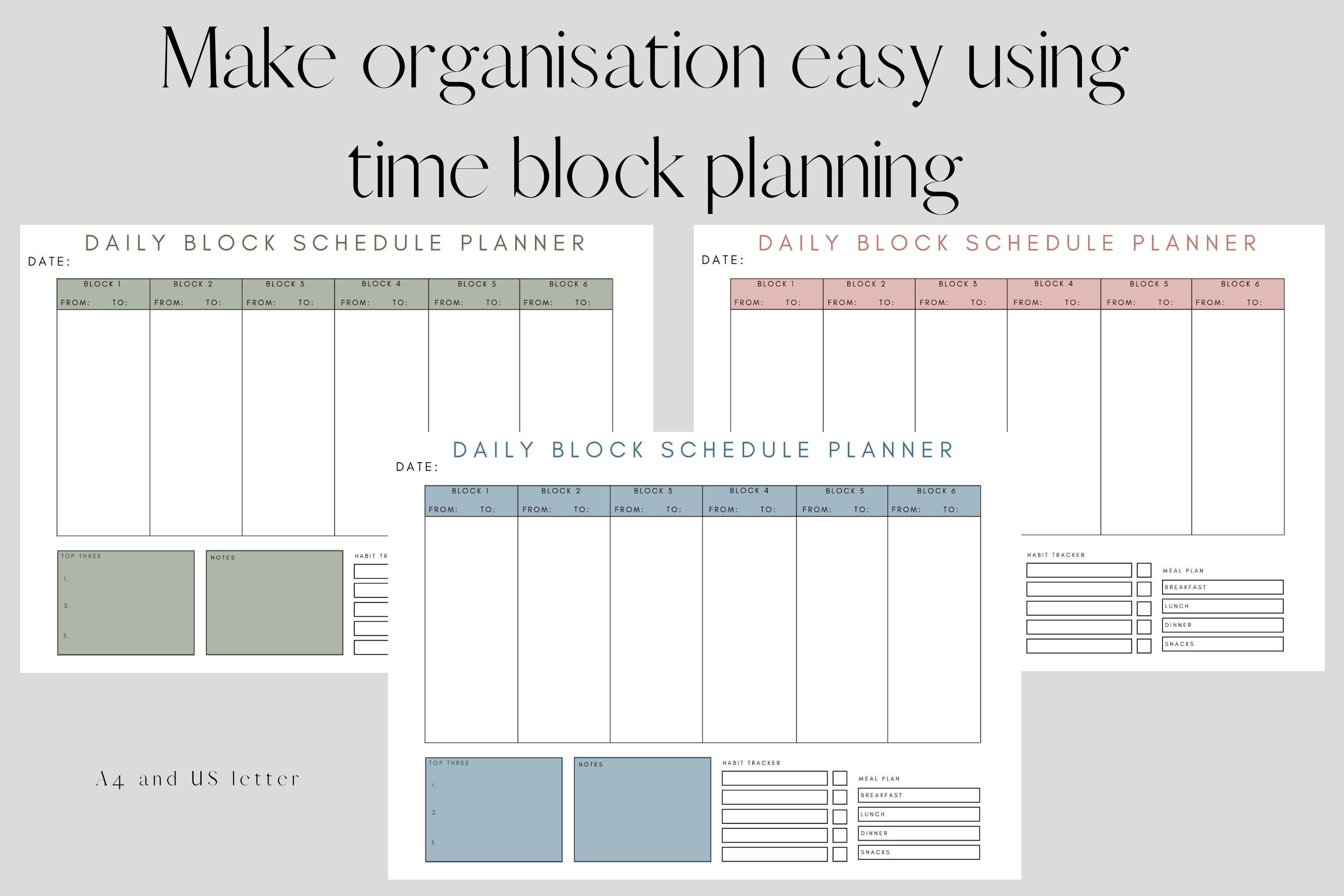 Coloured Daily Block Schedule Printable Undated Horizontal Design ...