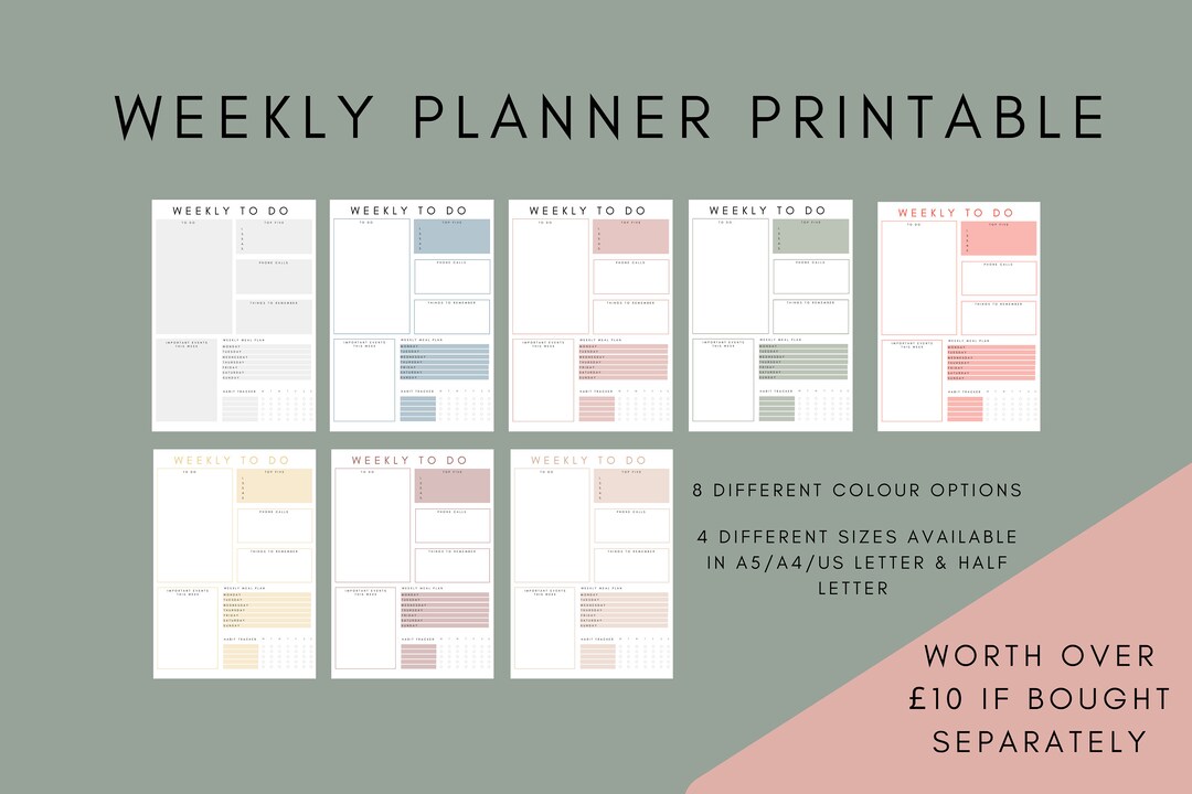 Weekly Planner Printable in 8 Colours: an Undated Planner Containing ...