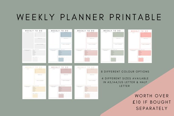 Weekly Planner Printable in 8 Colours: an Undated Planner | Etsy