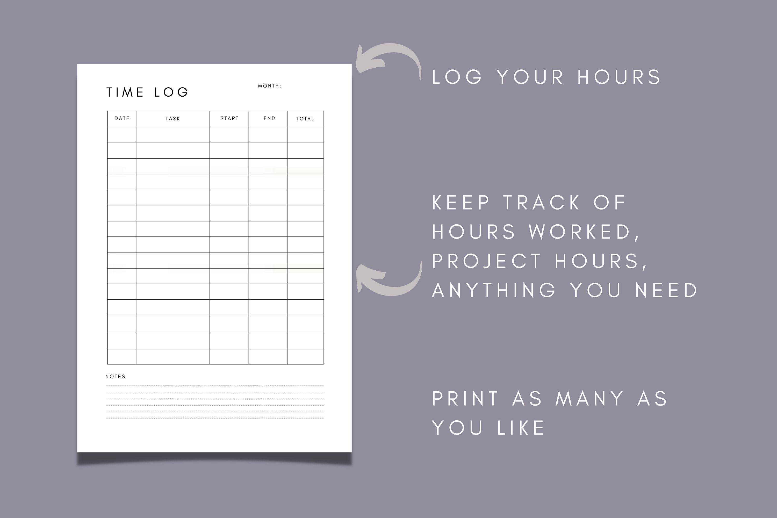 A Time Log, Work Log Printable: Project Time Log, Time Spent List ...