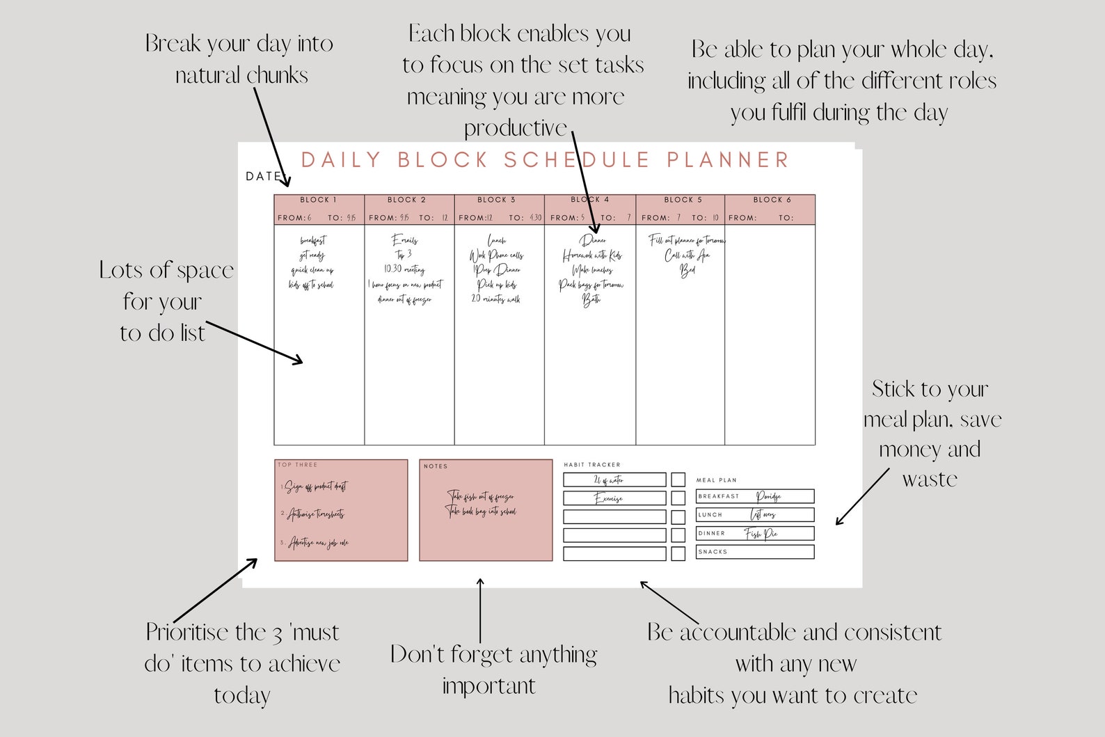 Coloured Daily Block Schedule Printable Undated Horizontal Design ...