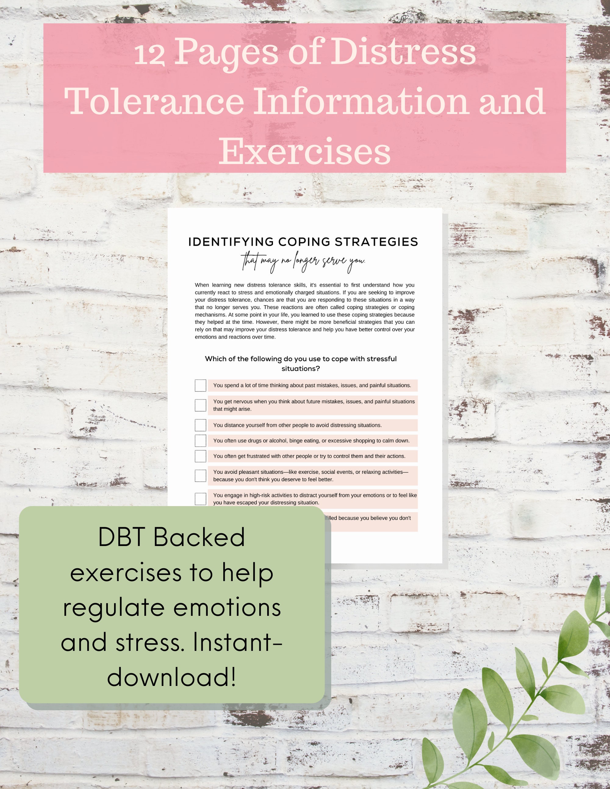 Distress Tolerance Skill Building Workbook Printable - DBT Lessons and ...