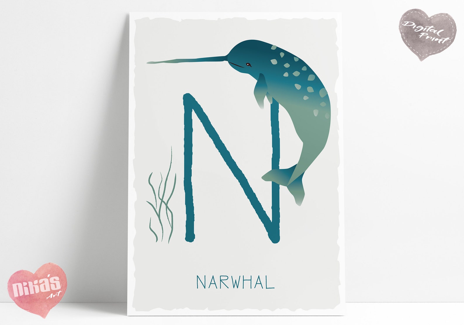 The Letter N Narwhal English Alphabet illustrated animal | Etsy
