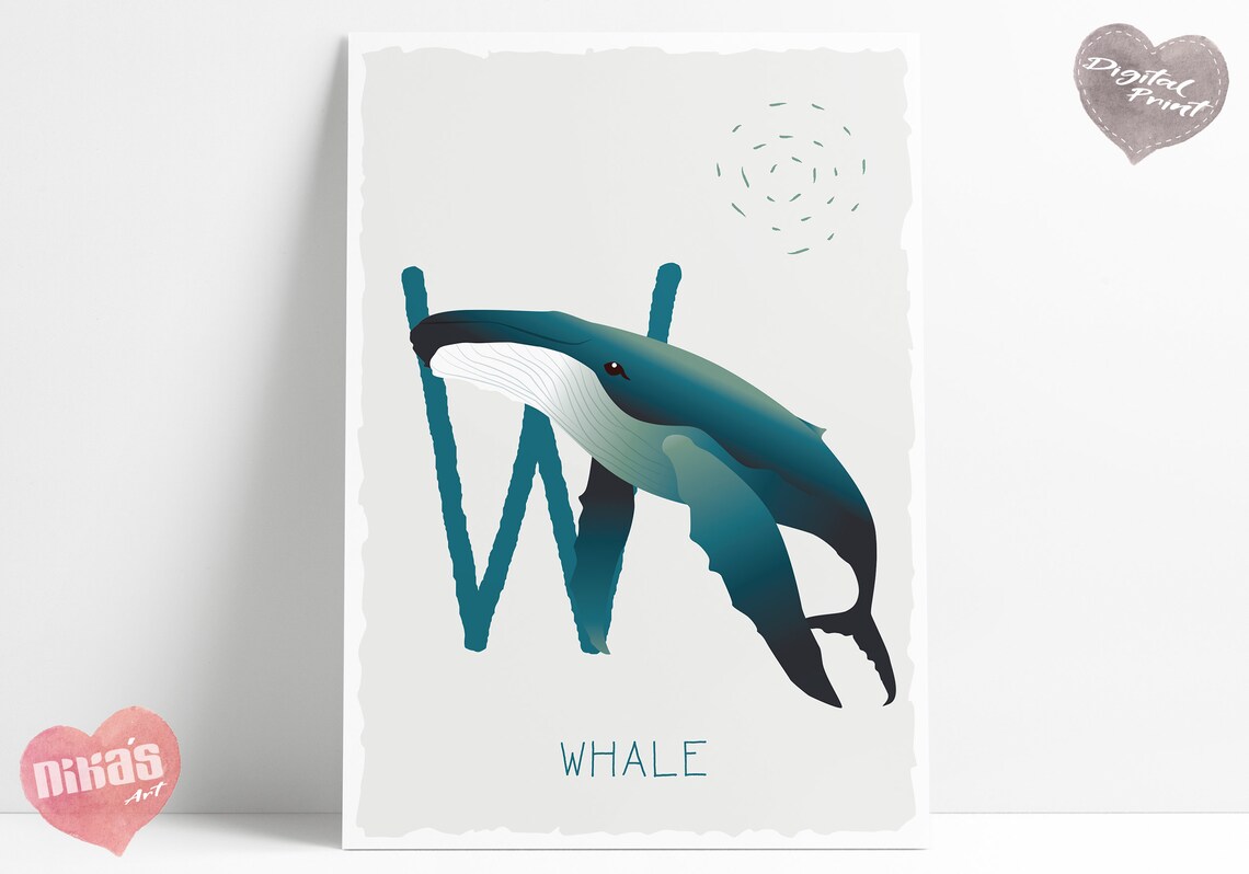 The Letter W Whale English Alphabet illustrated animal | Etsy