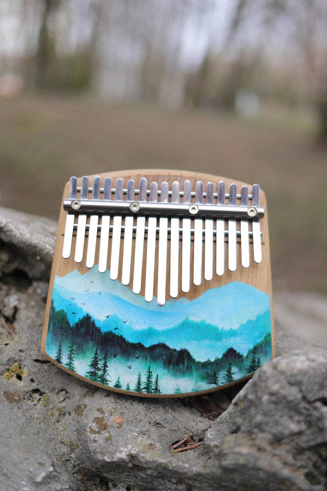 Hand Painted Oak Kalimba, Mountain Painting, Marimba, Small Musical ...