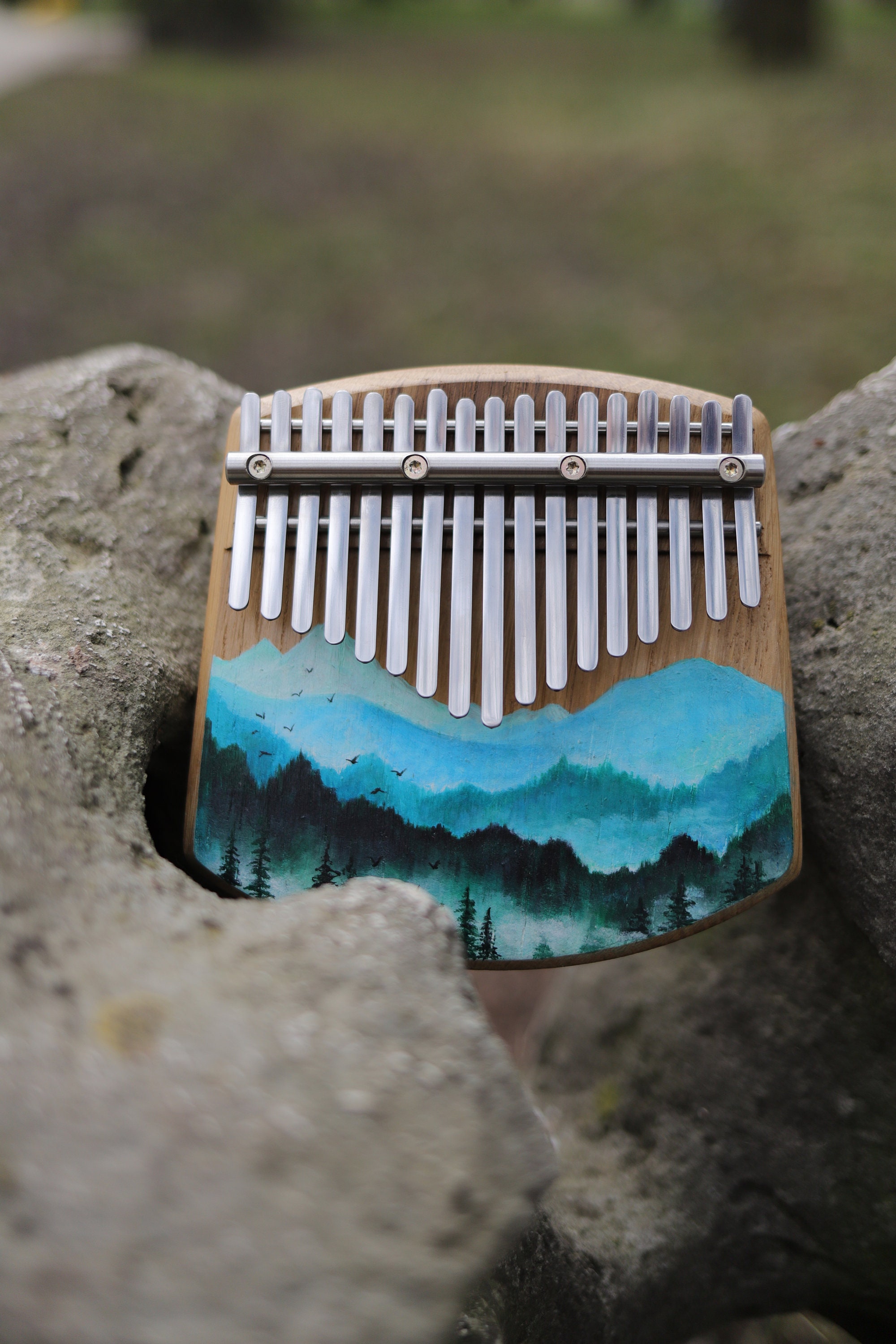 Hand Painted Oak Kalimba, Mountain Painting, Marimba, Small Musical ...