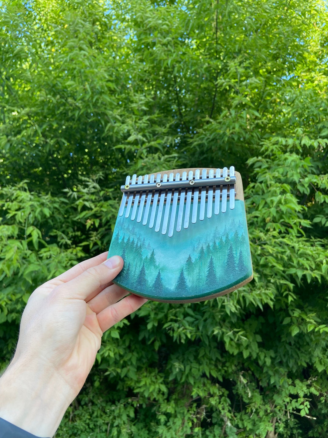 17 Key Oak Handpainted Kalimba, Marimba Gifr With Mountain Painting ...