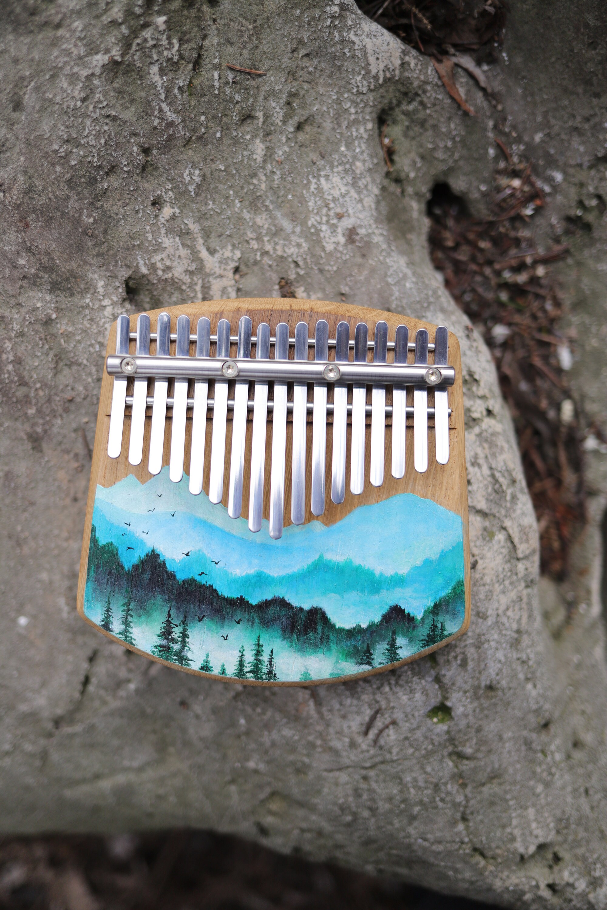 Hand Painted Oak Kalimba, Mountain Painting, Marimba, Small Musical ...