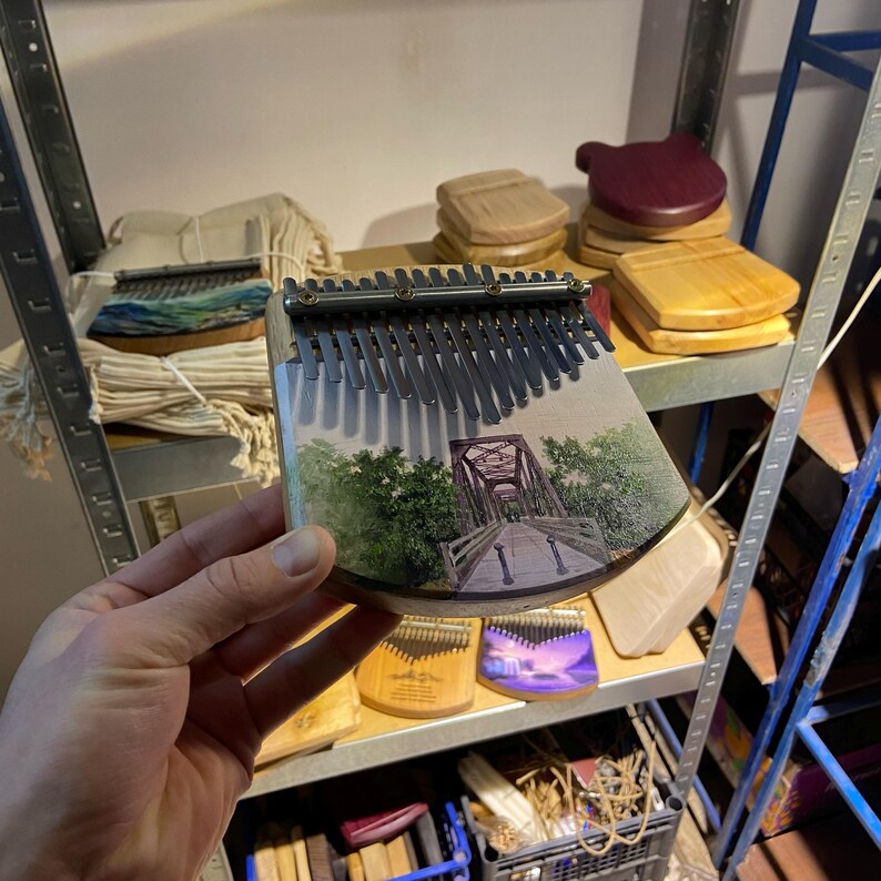 Hand-painted Kalimba "bridge in the Forest" | 17-key Handmade Musical ...