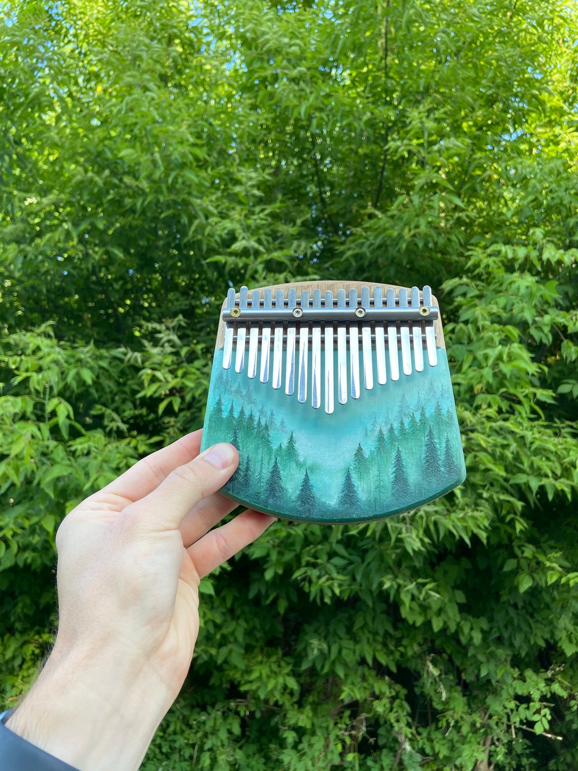 17 Key Oak Handpainted Kalimba, Marimba Gifr With Mountain Painting ...