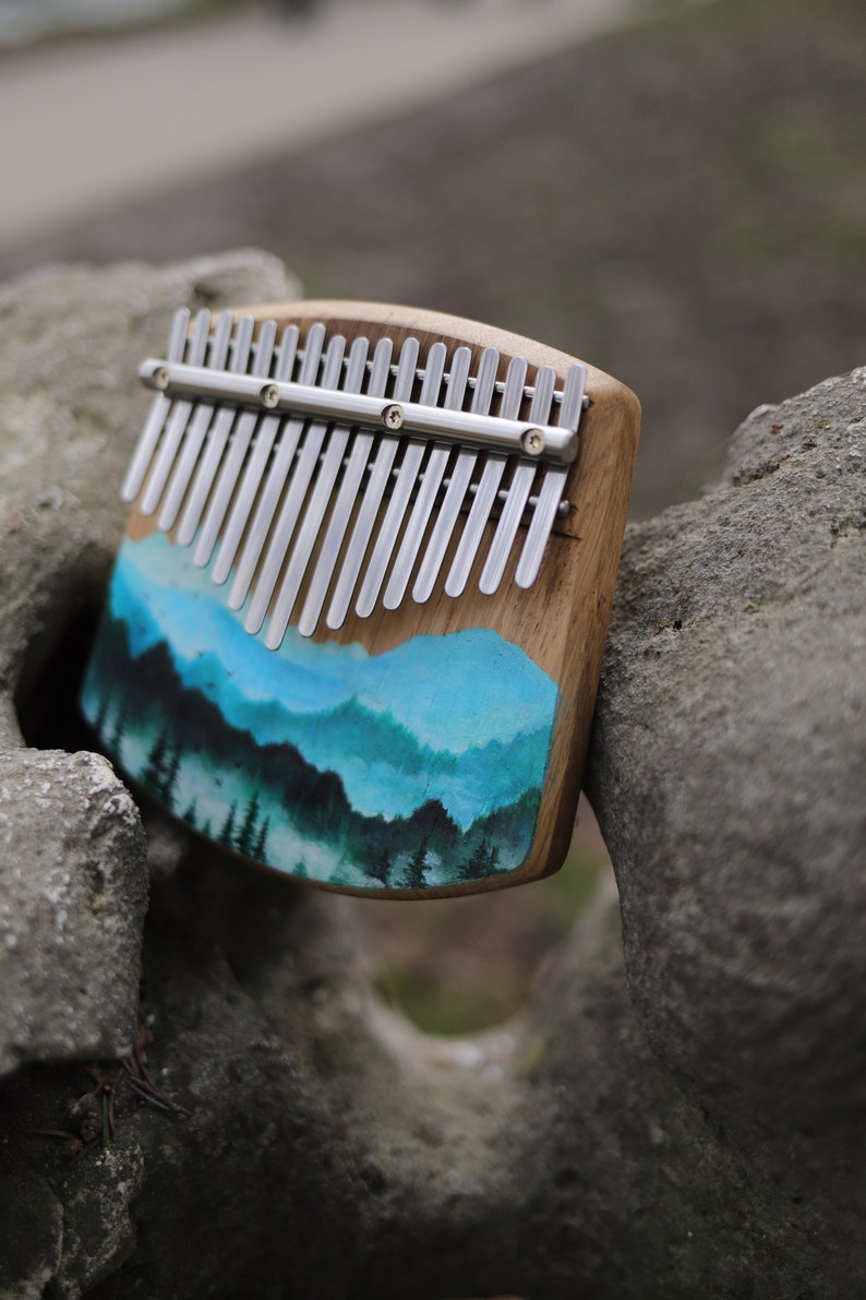 Hand Painted Oak Kalimba, Mountain Painting, Marimba, Small Musical ...