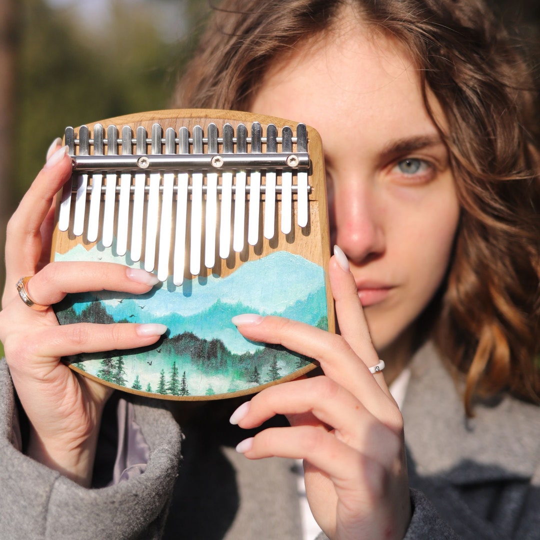17 Key Oak Handpainted Kalimba, Marimba Gifr With Mountain Painting ...