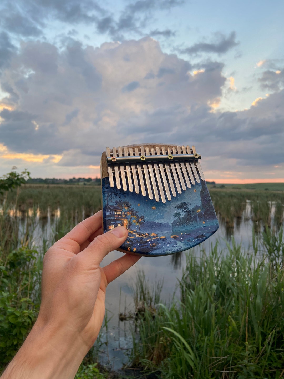 Hand Painted Oak Wood Kalimba, 17 Key Kalimba Mystical Night Hand ...