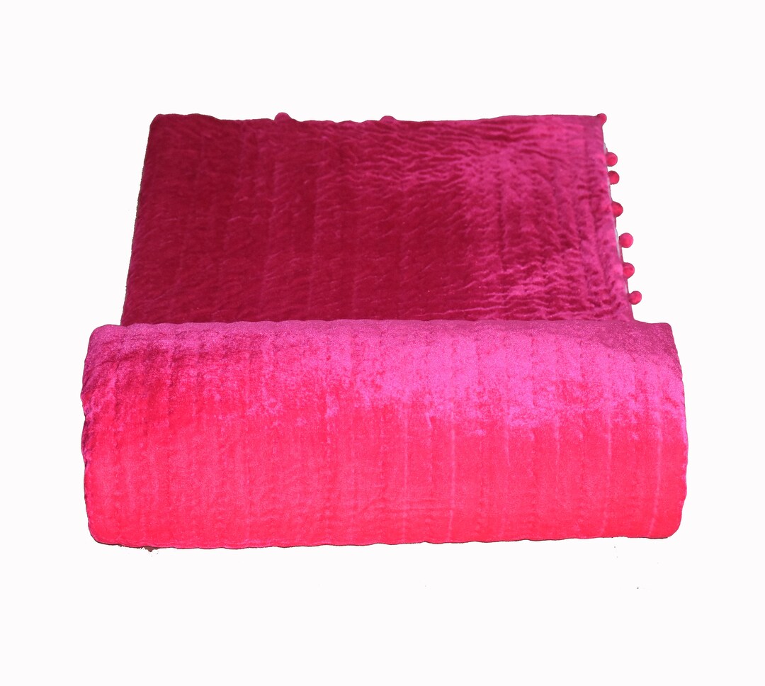 Fuchsia Velvet Pompom Quilt King Comforter Throw Blanket Queen - Etsy