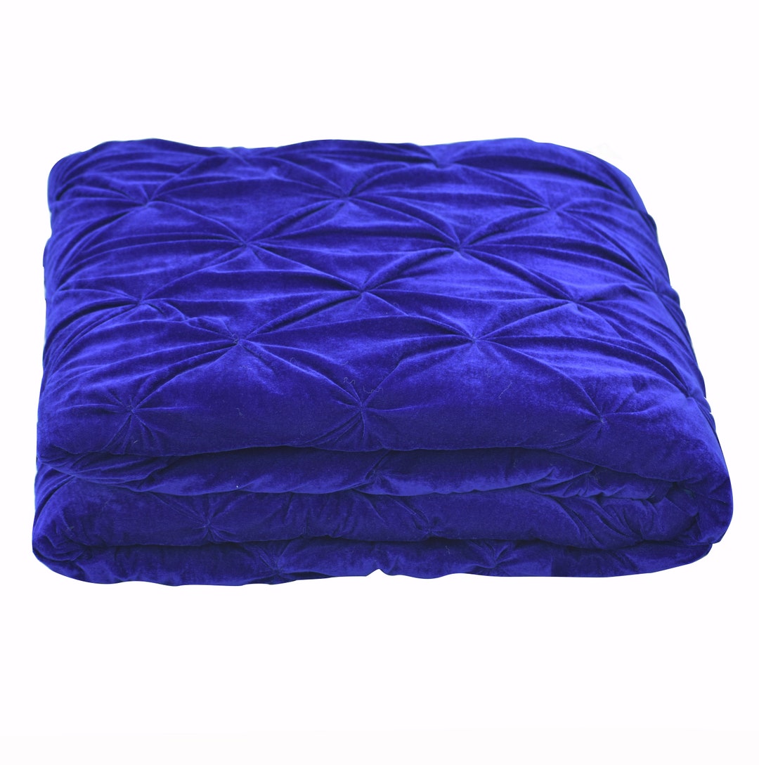 Royal Blue Velvet Pompom Quilt King Throw Blanket Velvet Comforter ...