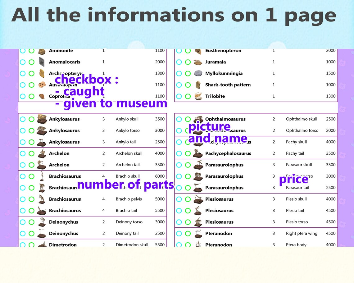 Animal Crossing Gyroids and Fossils Checklist and Tracker, ACNH 2.0 ...