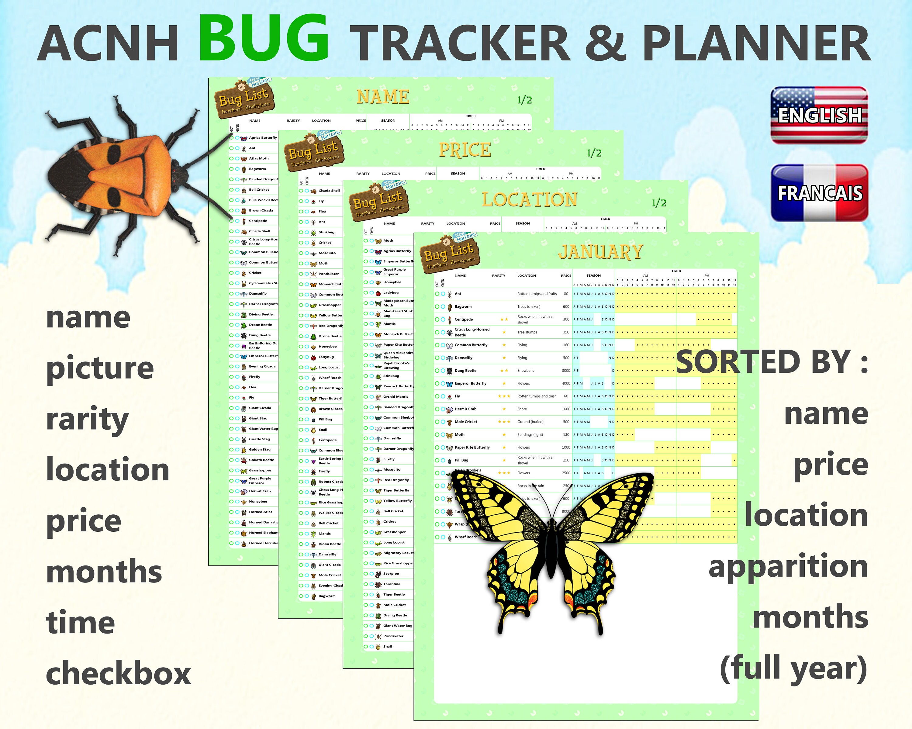 Animal Crossing Bug Checklist Planner Tracker, ACNH Northern Hemisphere ...