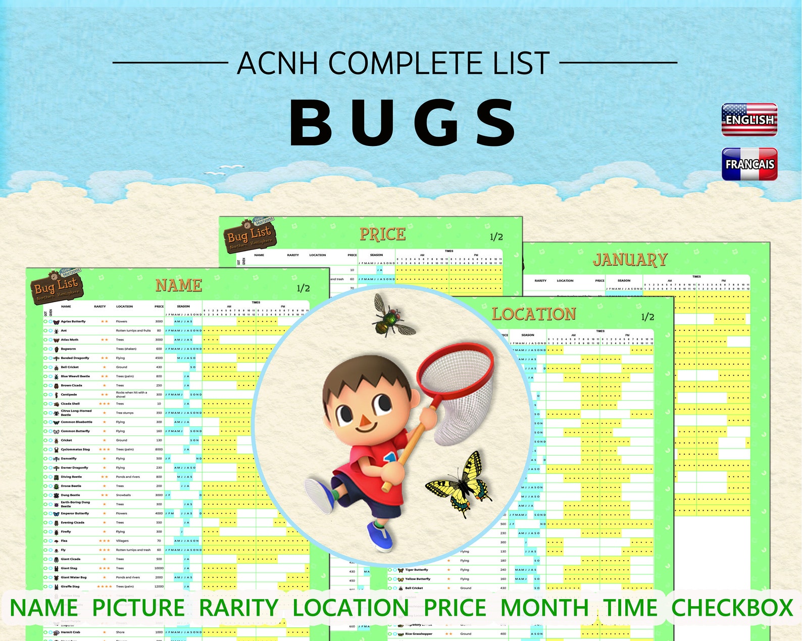 Animal Crossing Bug Checklist Planner Tracker, ACNH Northern Hemisphere ...