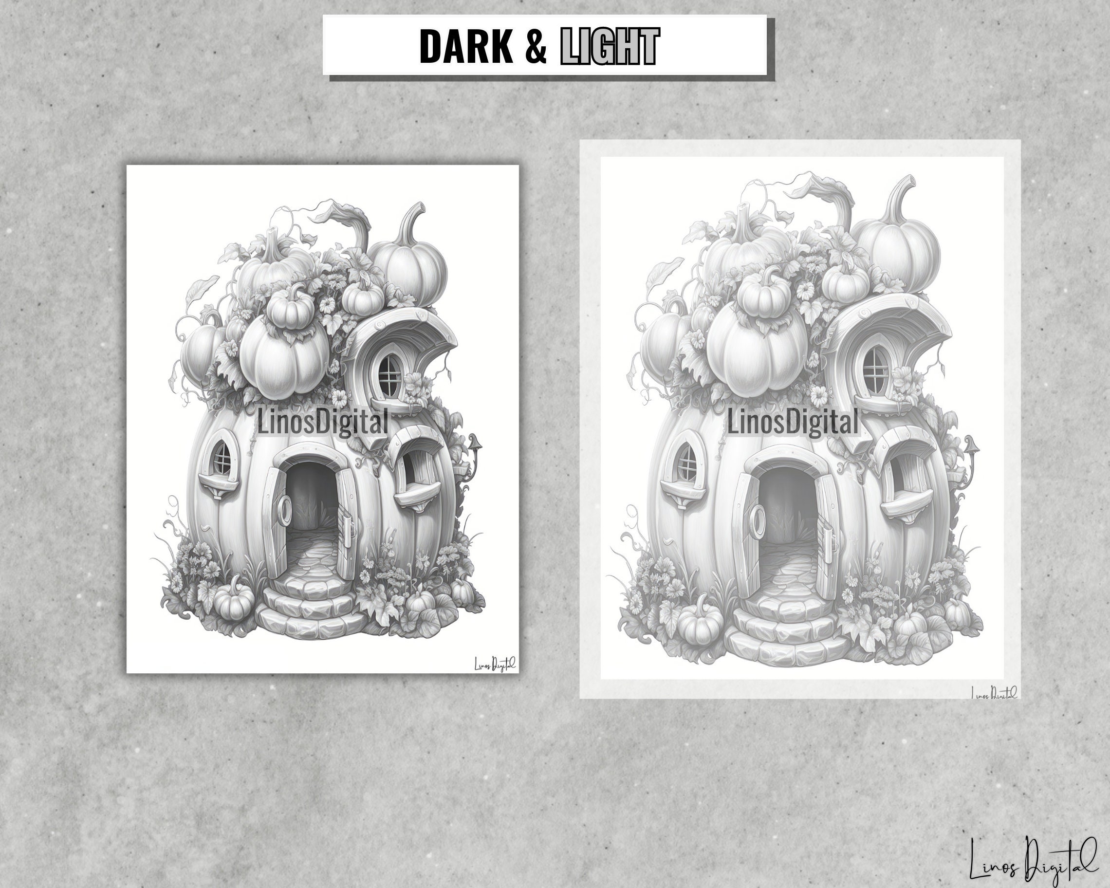 30 Pumpkin Houses Grayscale Coloring Pages for Adults, Kids, Instant ...