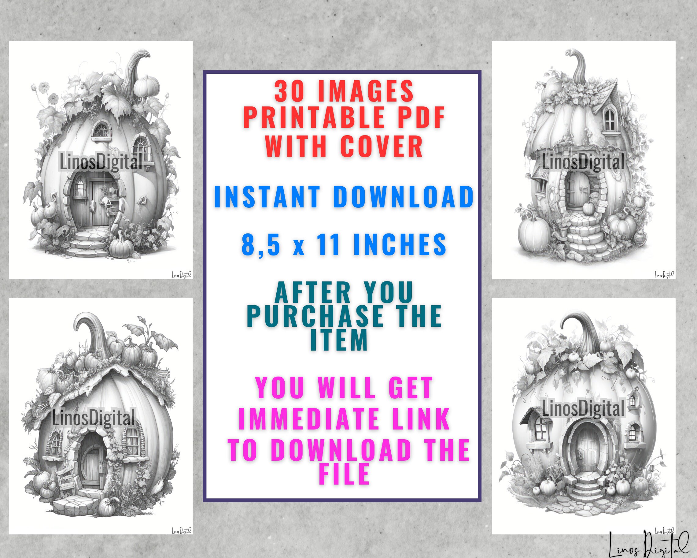 30 Pumpkin Houses Grayscale Coloring Pages for Adults, Kids, Instant ...