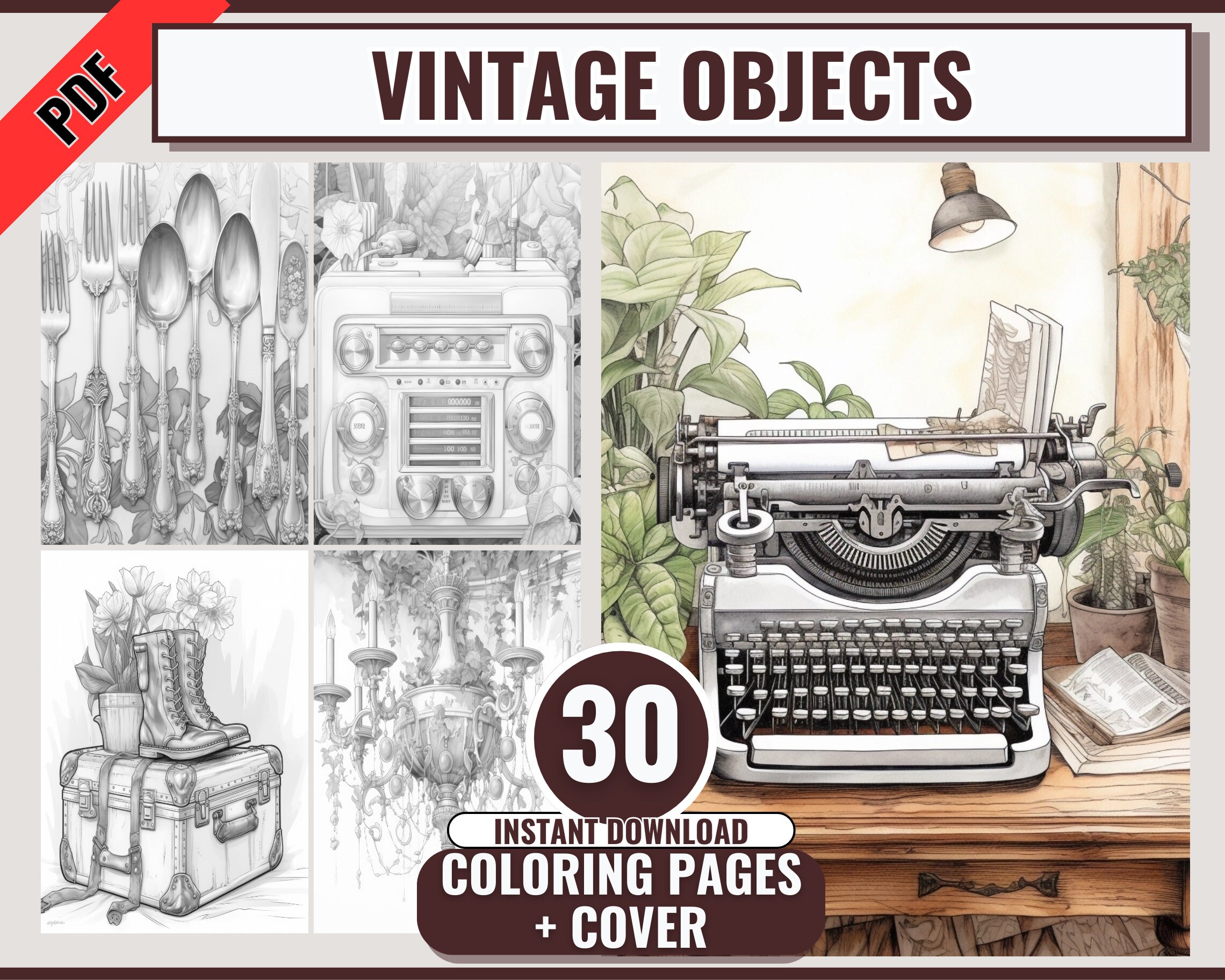 30 Coloring Pages of Vintage Objects, Coloring Book - Adults,kids ...