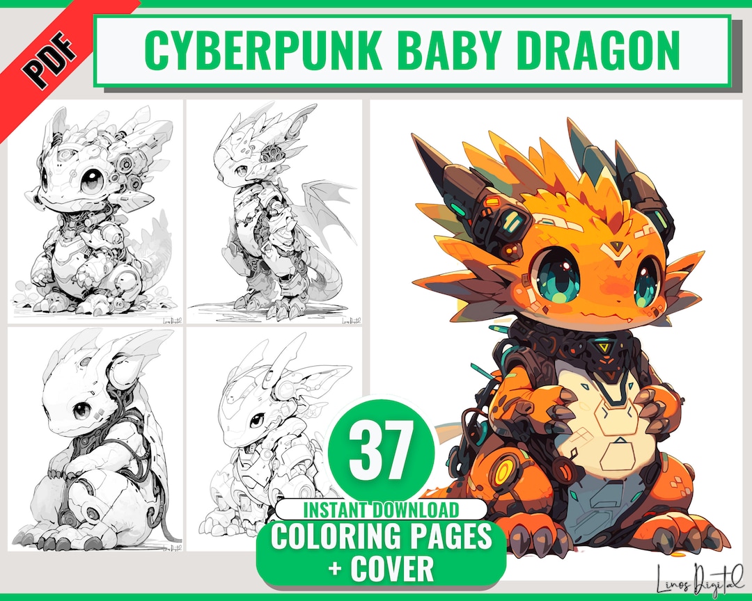 Cyberpunk Baby Dragon Adult Coloring Book 37 Adult Kid Coloring Pages ...