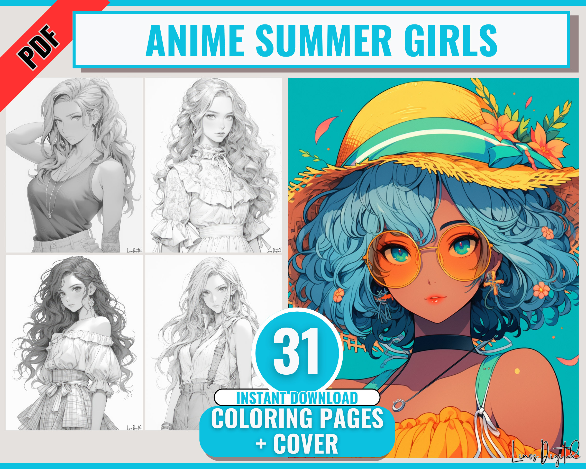 31 Anime Summer Girls Adult Coloring Book Summer Coloring - Etsy