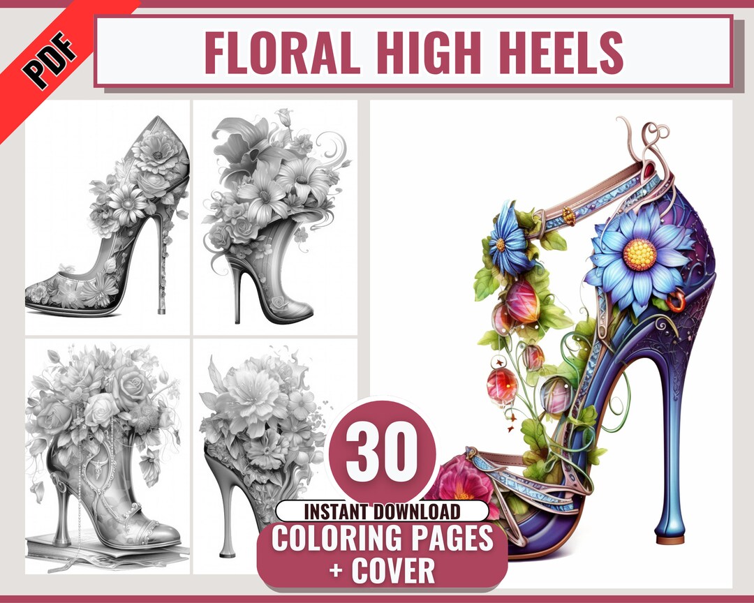 30 Floral High Heels Coloring Pages With Cover - Fashion Coloring Book ...