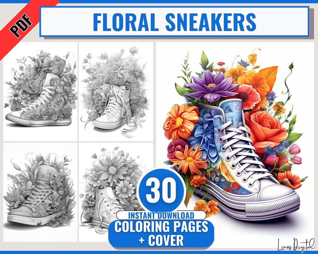 30 Floral Sneakers Coloring Pages With Cover - Fashion Coloring Book ...