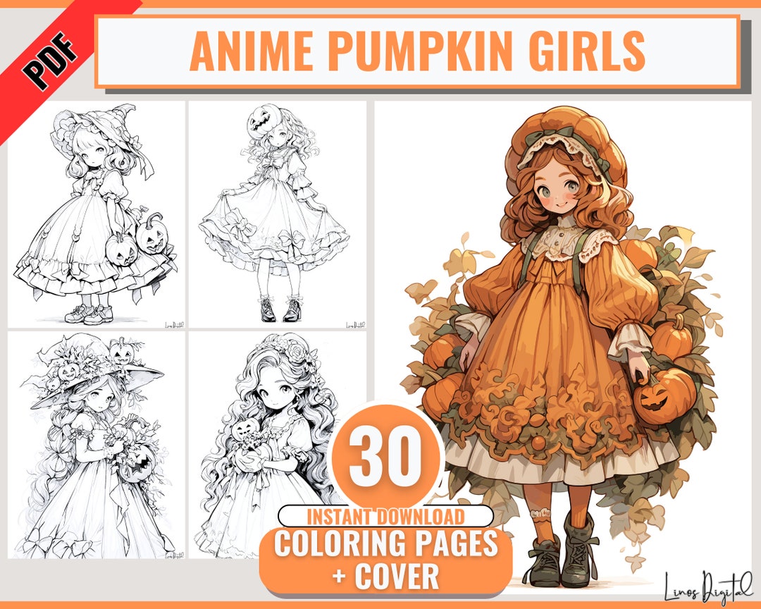 30 Anime Pumpkin Girls Adult Coloring Book Anime Halloween Coloring ...