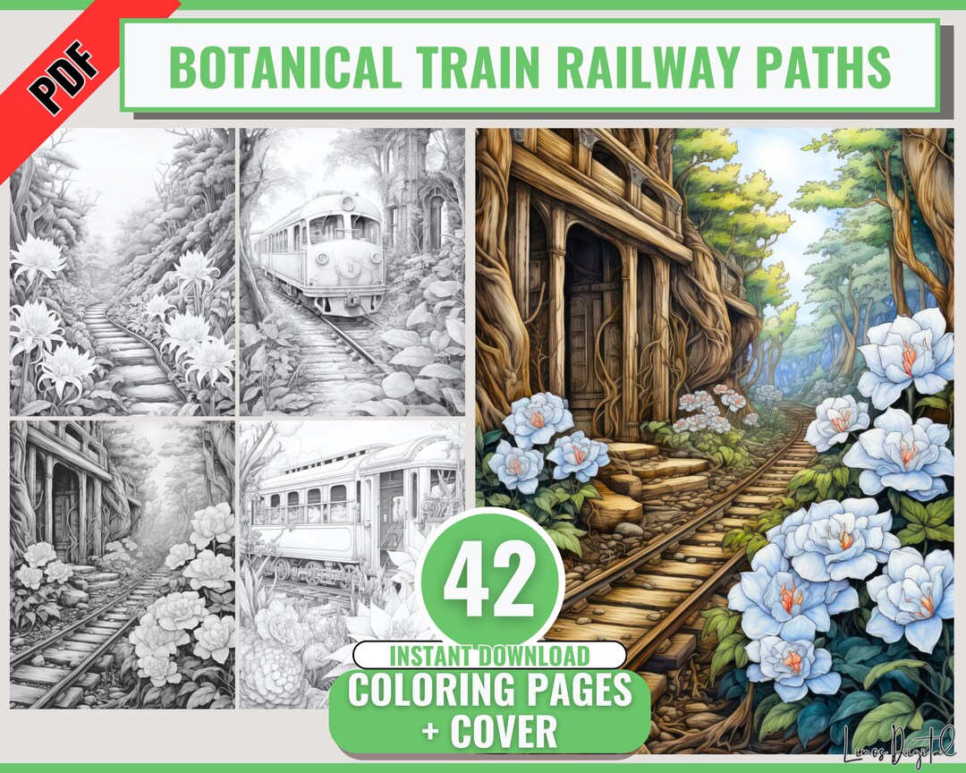 42 Botanical Train Railway Paths Coloring Book,adults Coloring Pages ...