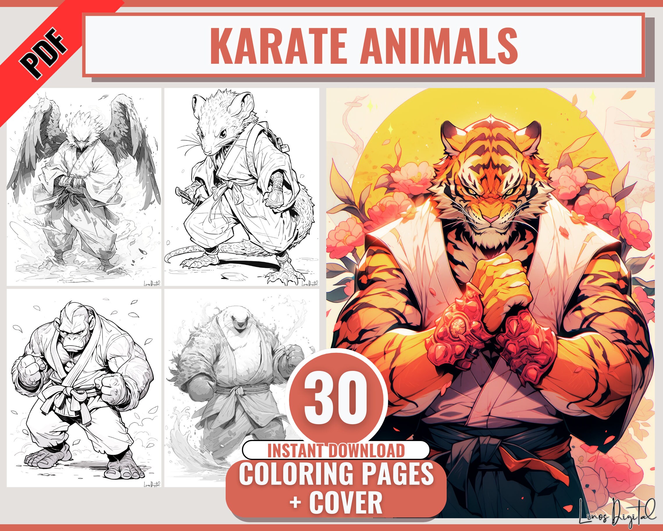 30 Karate Animals Coloring Pages With Cover - Adults,kids, Dark & Light ...