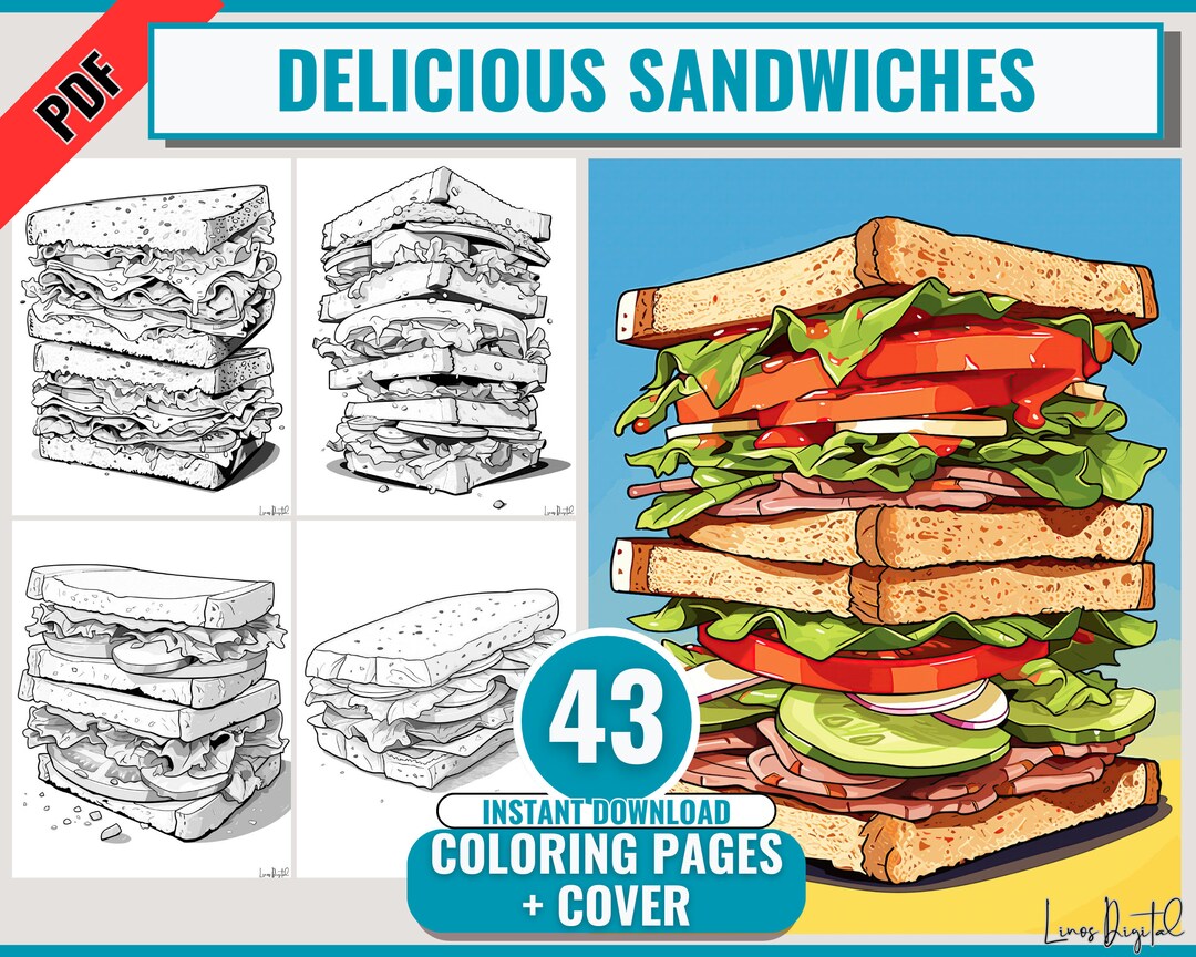 43 Delicious Sandwiches Adult Coloring Book Sandwich With Vegetables ...