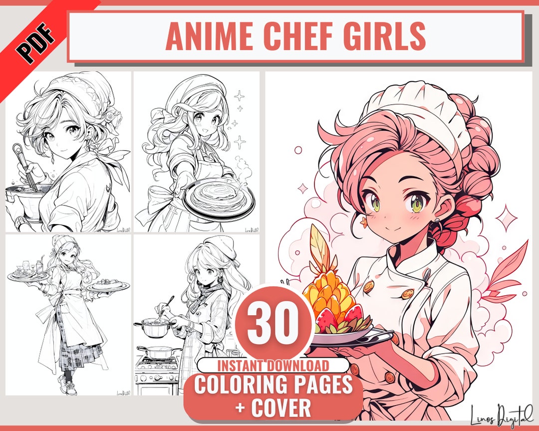 30 Anime Chef Girls Adult Coloring Book Anime Chef Cooking Coloring ...