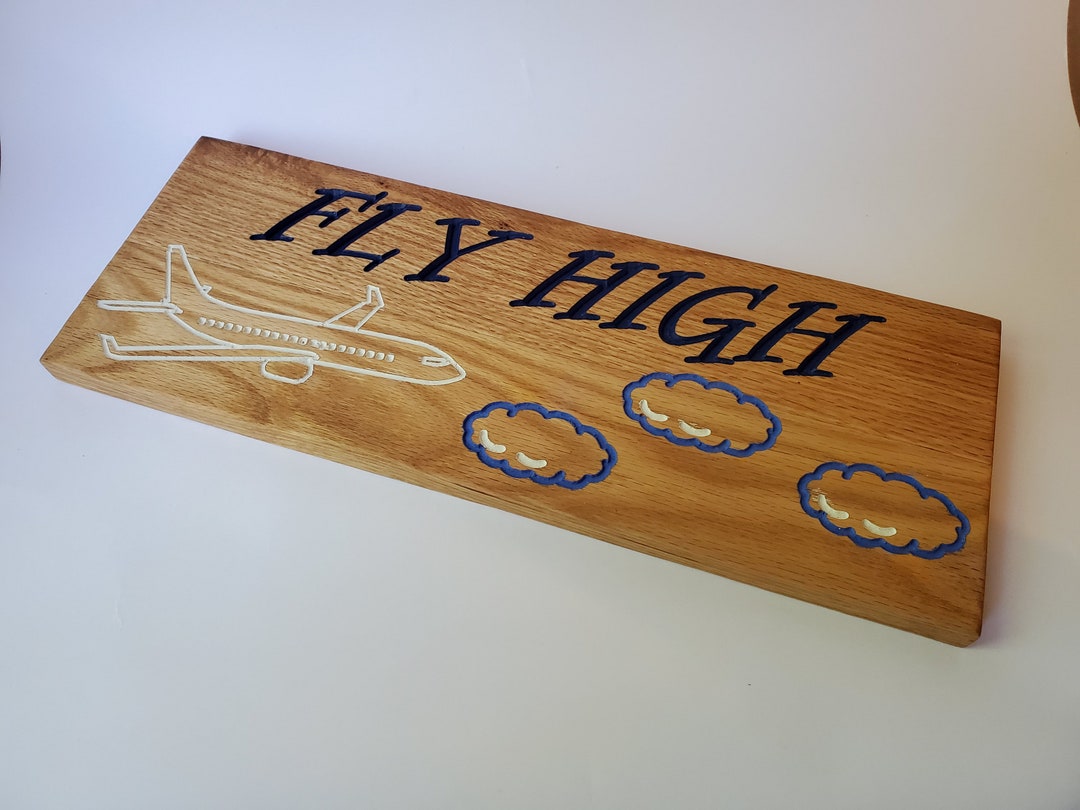 Fly High Airplane Painted Multicolor Oak Wooden CNC Sign W/ Hanging ...