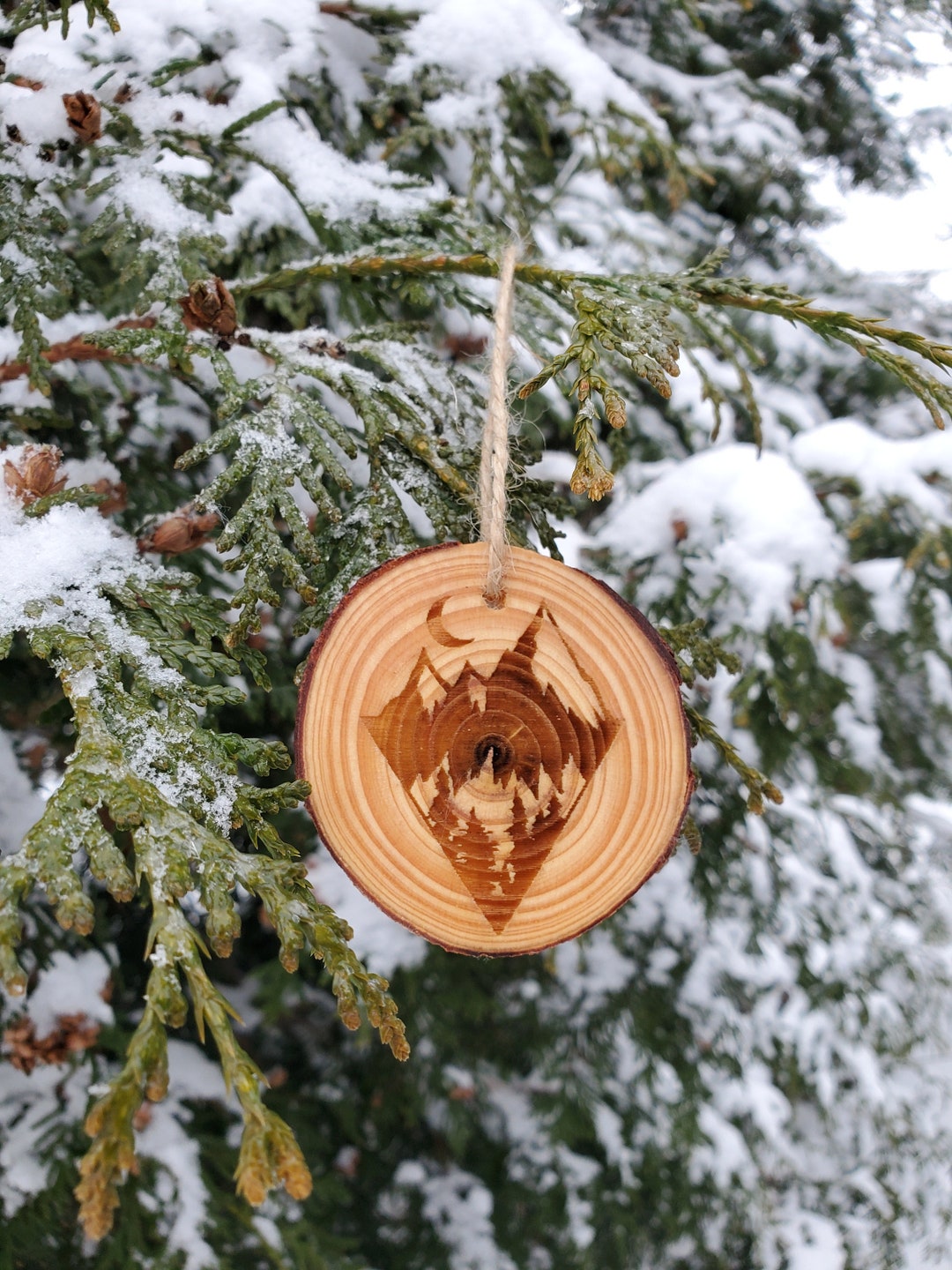 Mountain Trees Moon - Laser Engraved Live Edge Wood Round Christmas ...