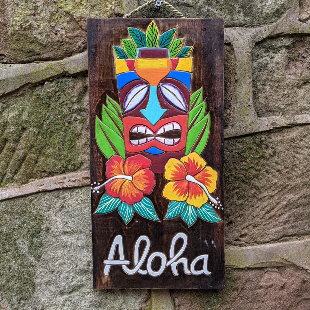 Tiki Bar Aloha Sign Wooden, Hand Painted, Man Cave, Garden Bar, She ...