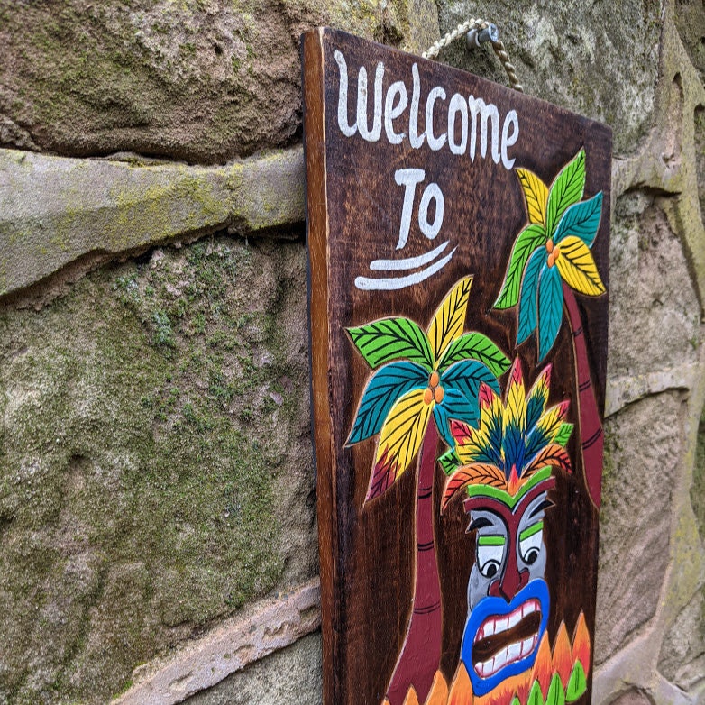 Tiki Bar Sign Welcome to Tiki Party Wooden Hand Painted Man - Etsy UK