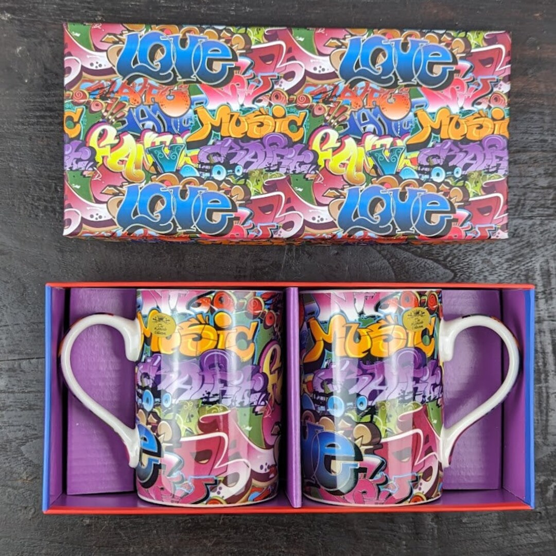 Mugs, Graffiti Design Love & Music, Fine China Coffee or Tea Cups Set ...
