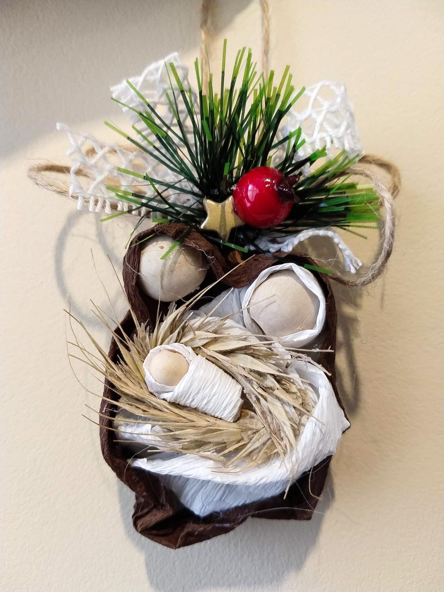 Christmas Tree Decoration. Handmade Christmas Nativity Scene in Natural ...