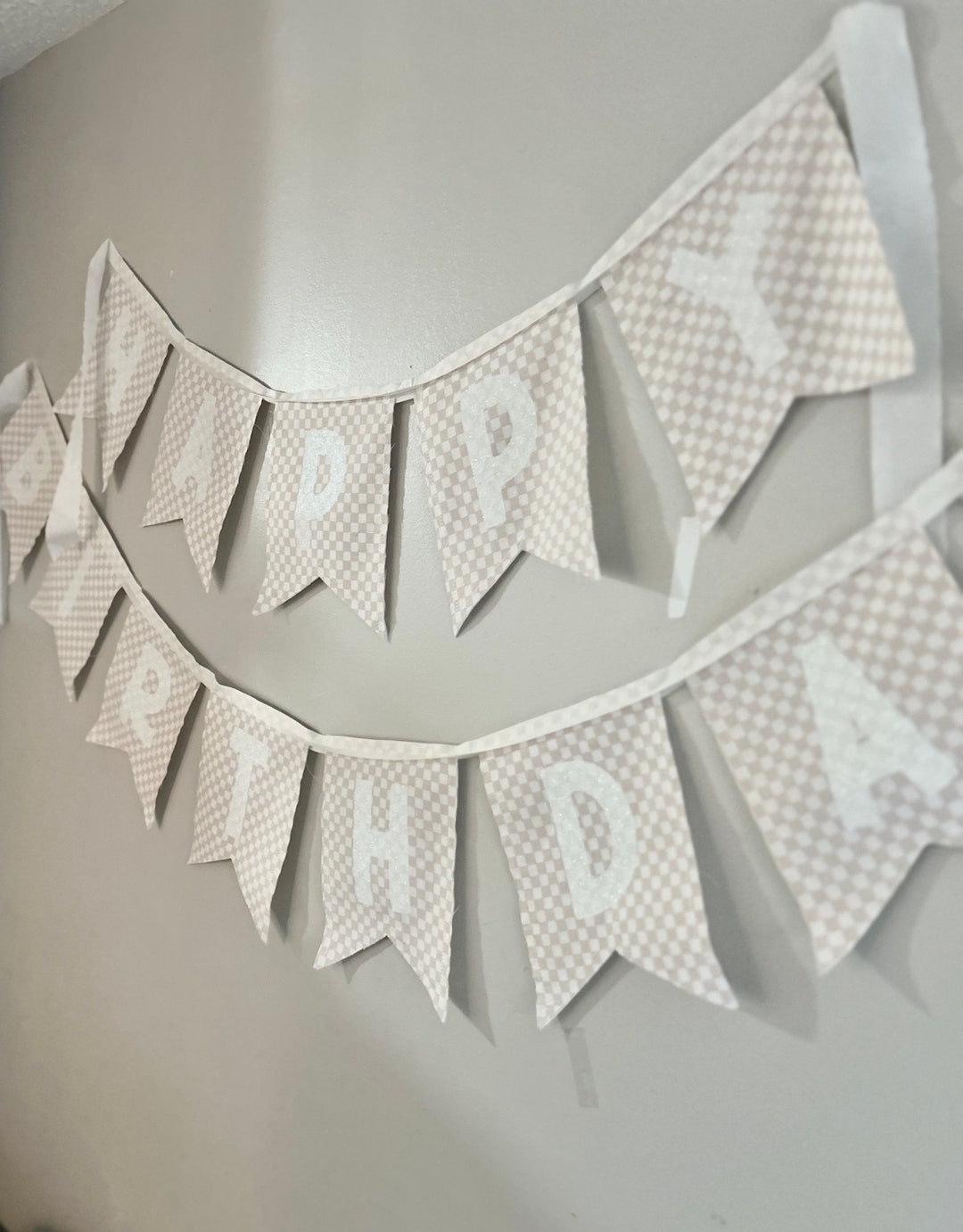 Fabric Happy Birthday Banner Neutral Fabric Birthday Banner Checkered ...