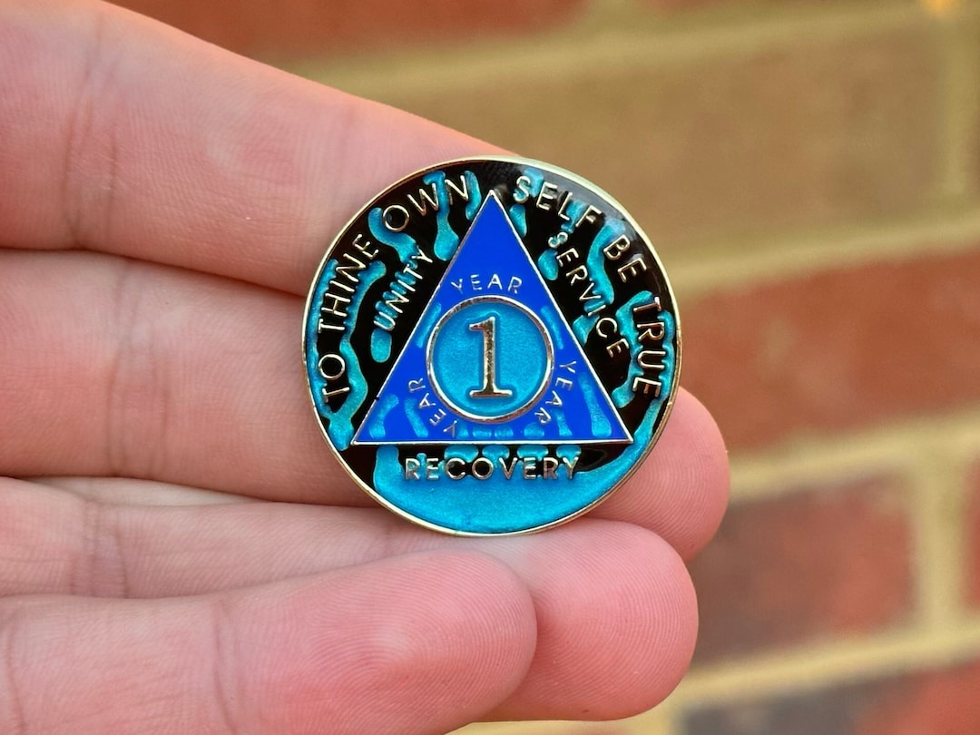 Hand-painted AA 1 Year Chip Blue Sobriety Medallion Recovery Gift ...