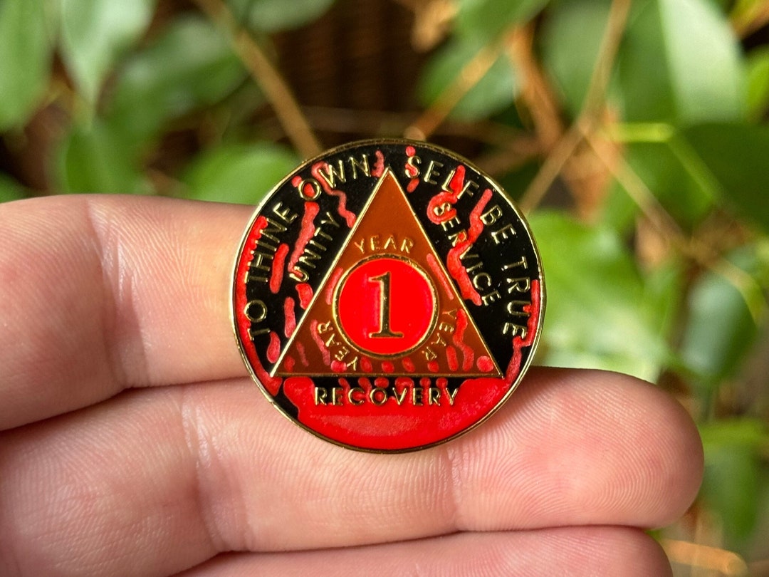 Hand-painted AA 1 Year Chip Red Sobriety Medallion Recovery Gift ...