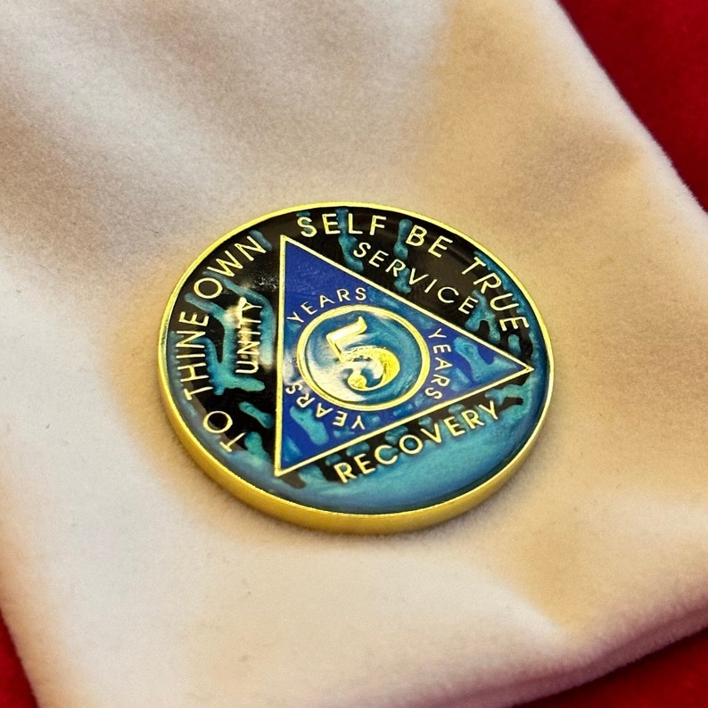 Hand-painted AA 5 Year Chip | Blue Sobriety Medallion | Recovery Gift ...