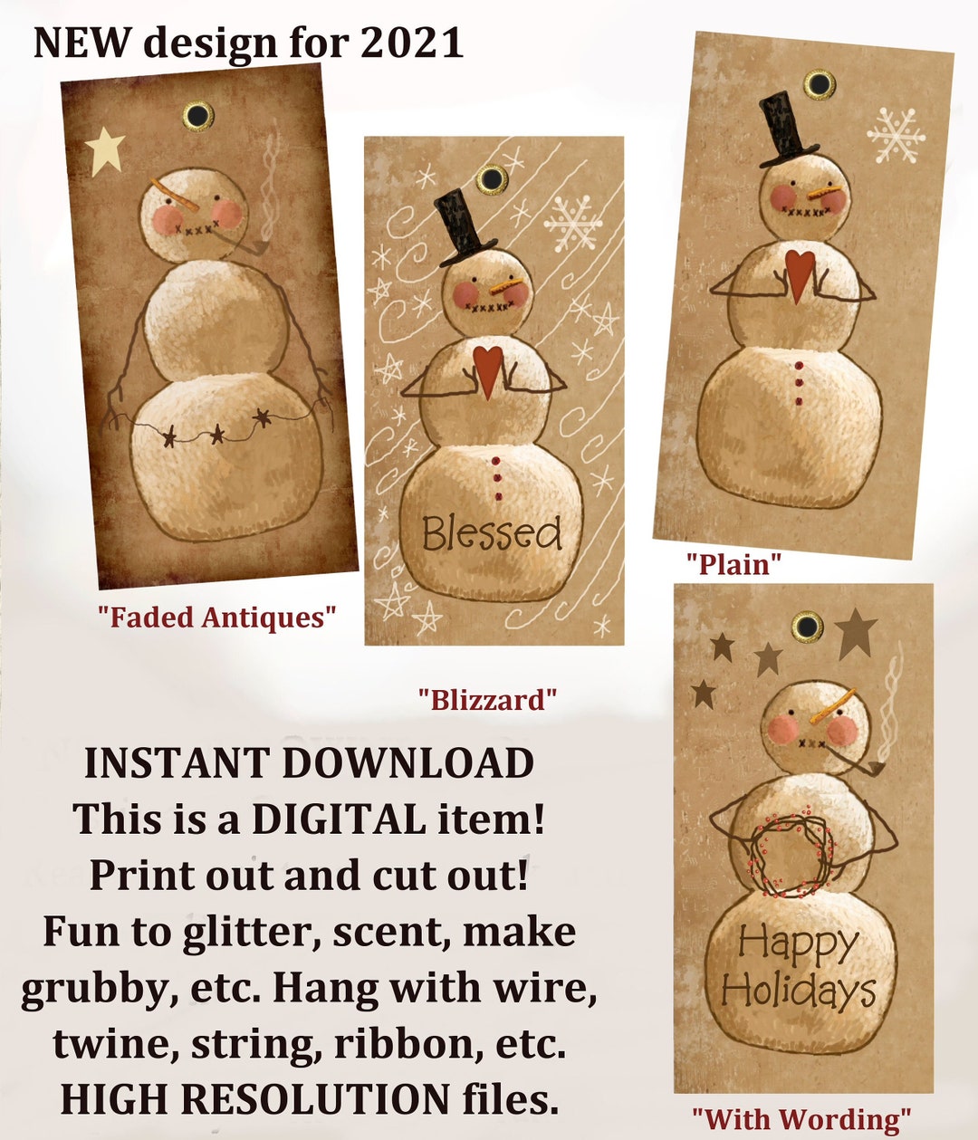 PRIM PIPBERRY SNOWMEN - Sweet Christmas Winter Digital Rustic Hang Tags ...