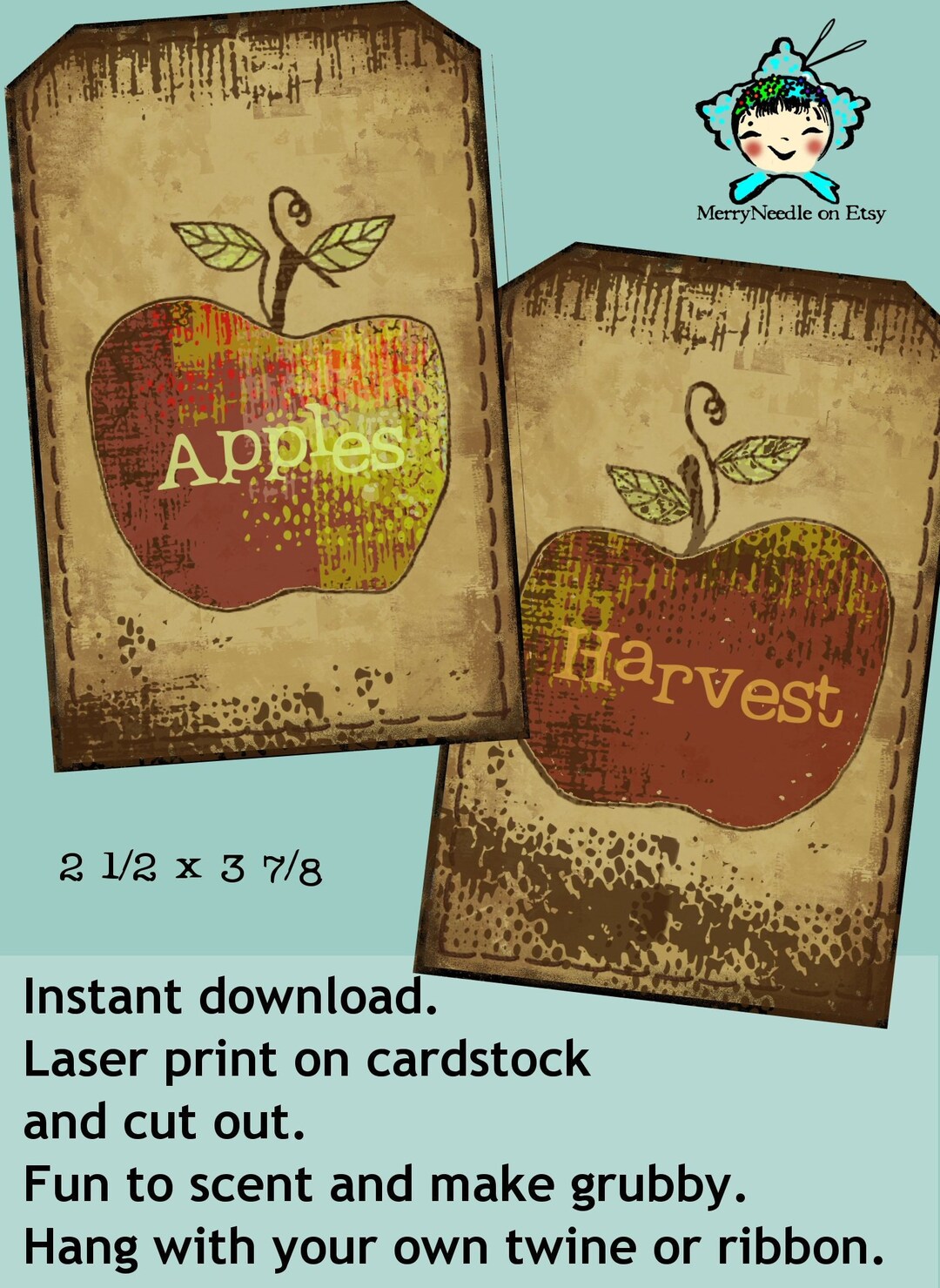 APPLE HARVEST PRINTABLES 5 Sheets Digital Tags Rustic Primitive Tag ...