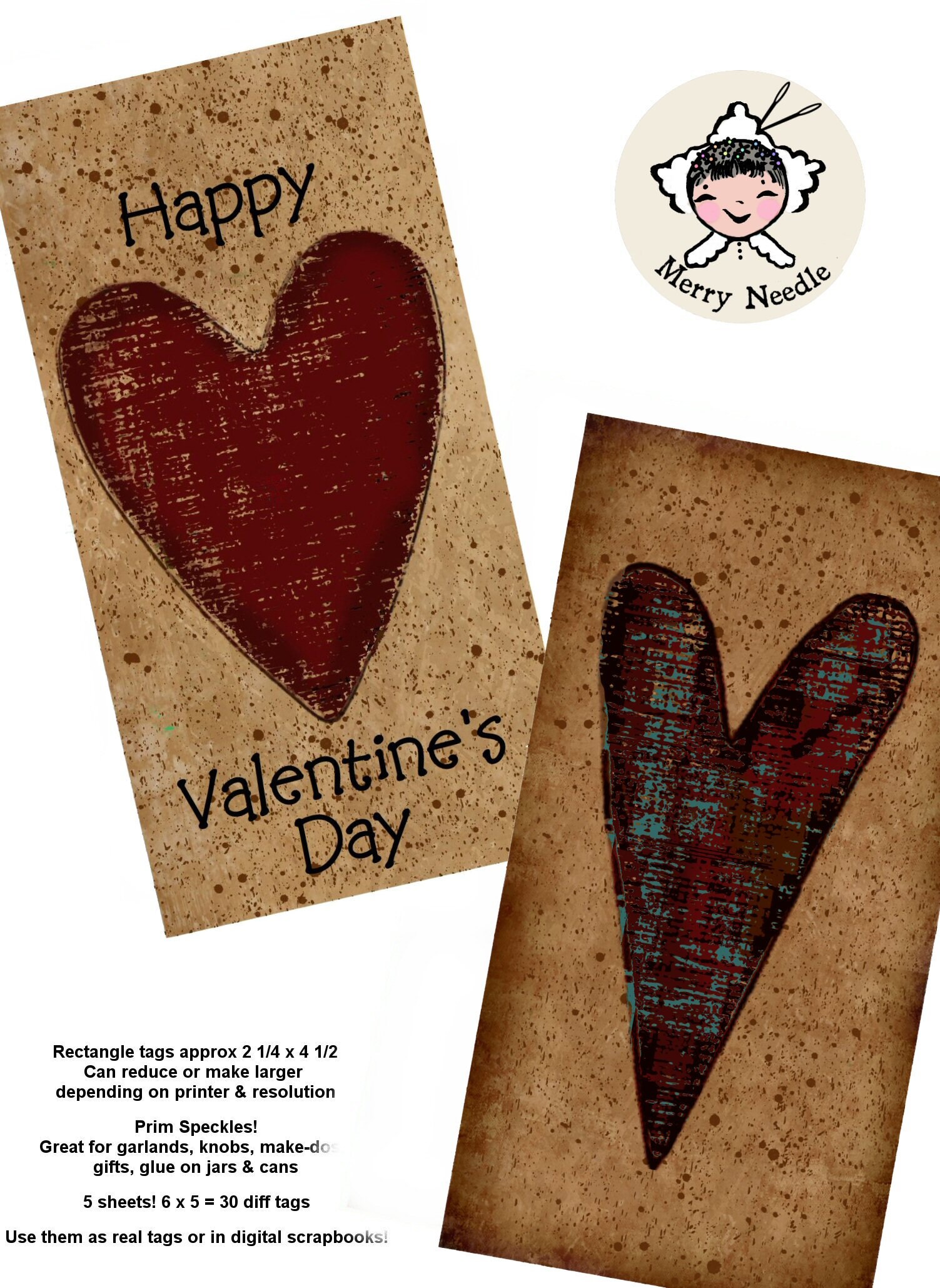 PRIM HEARTS Dee-lite Digital Rustic Hang Tags rustic Valentines Instant ...