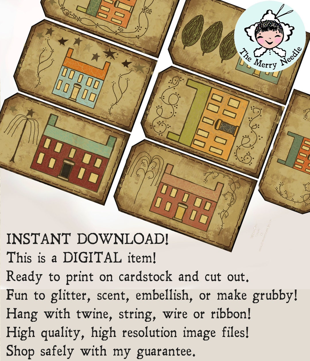 Prim Houses Digital Tags Rustic Primitive Hang Tag Saltbox Houses for ...