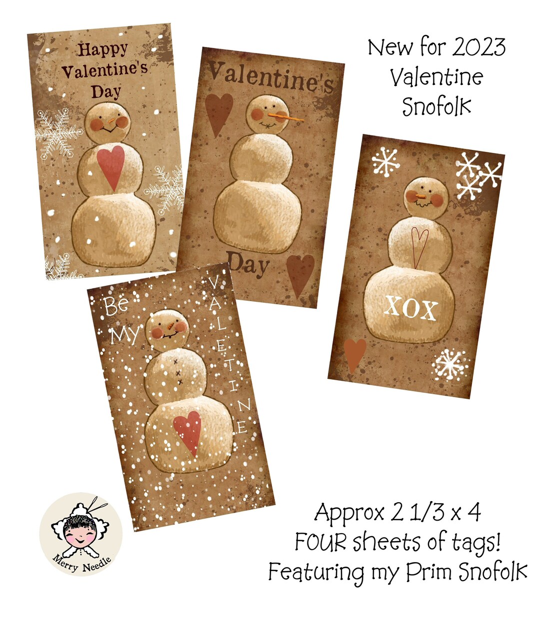 VALENTINE SNOFOLKS PRIMS Digital Hang Tags -rustic Valentines - Snowmen ...