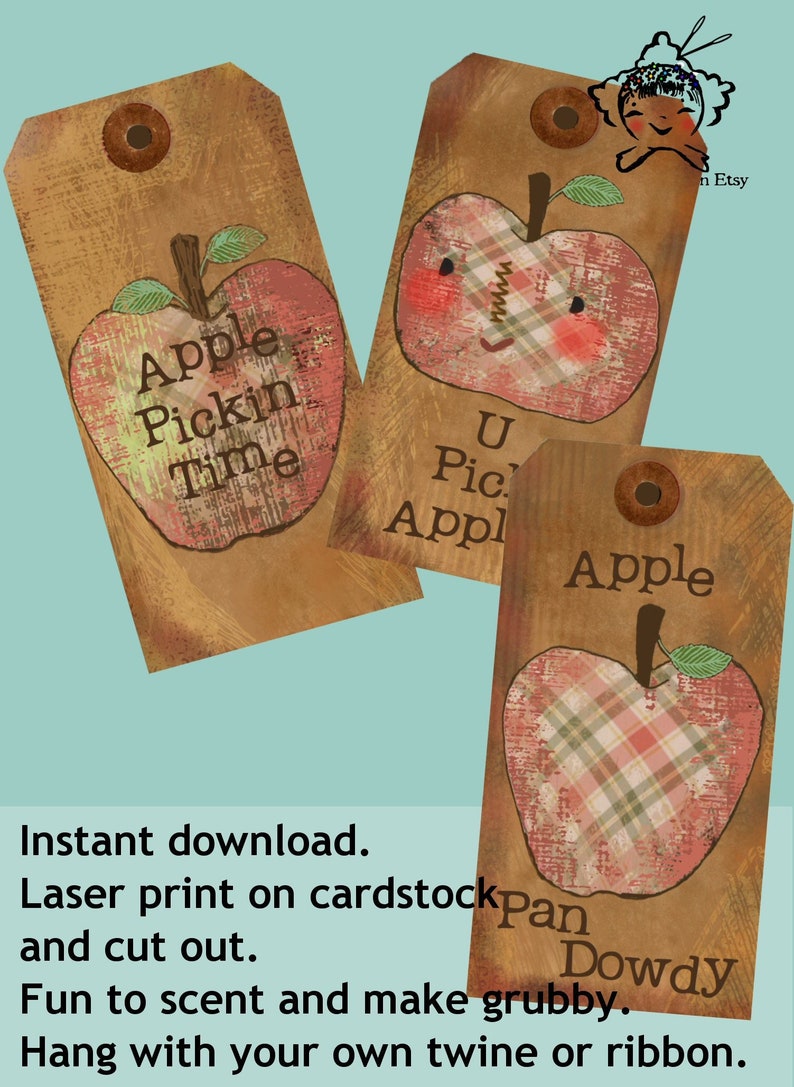 Apple Pickin Time PRINTABLES Digital Rustic Prim Primitive Apples Tag ...